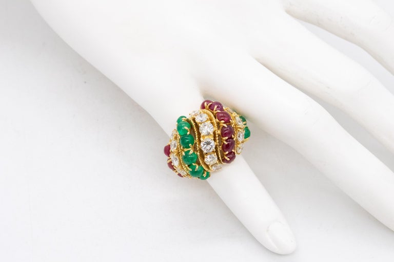 Mid-Century 1950 Tutti Frutti Bombe Ring 13.35 Ctw Diamonds Rubies and Emeralds For Sale at 1stDibs