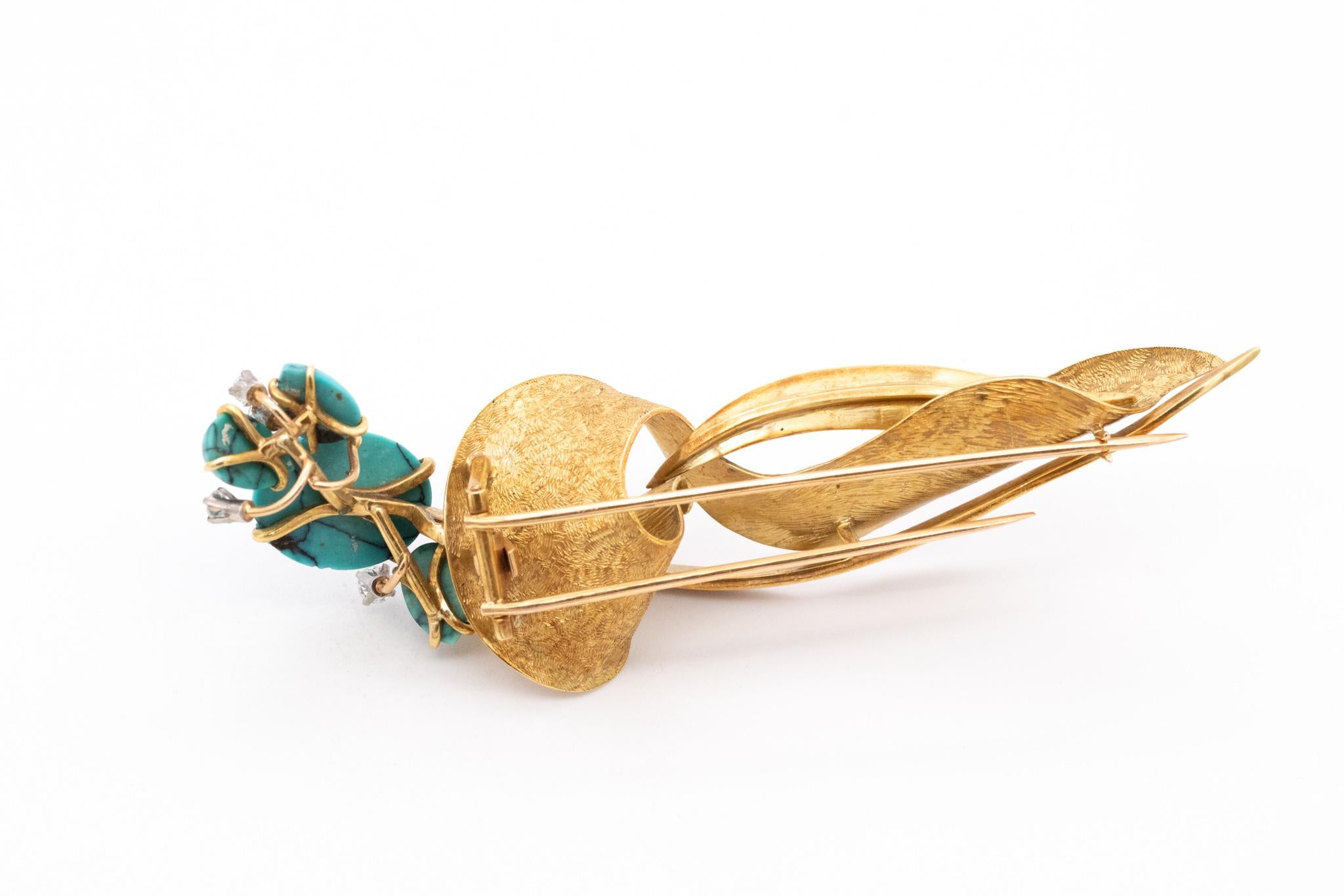 Mid Century 1960 Abstract Brooch in 18Kt Gold with 8.60 Cts Turquoise ...