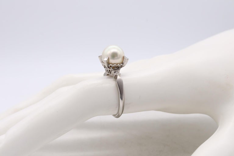 Midcentury 1970 Akoya White Pearl Solitaire Ring in Solid Platinum For ...