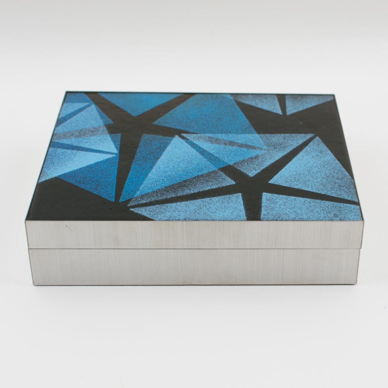 Mid-Century Brushed Aluminum and Blue Enamel Box, 1970s For Sale at 1stDibs