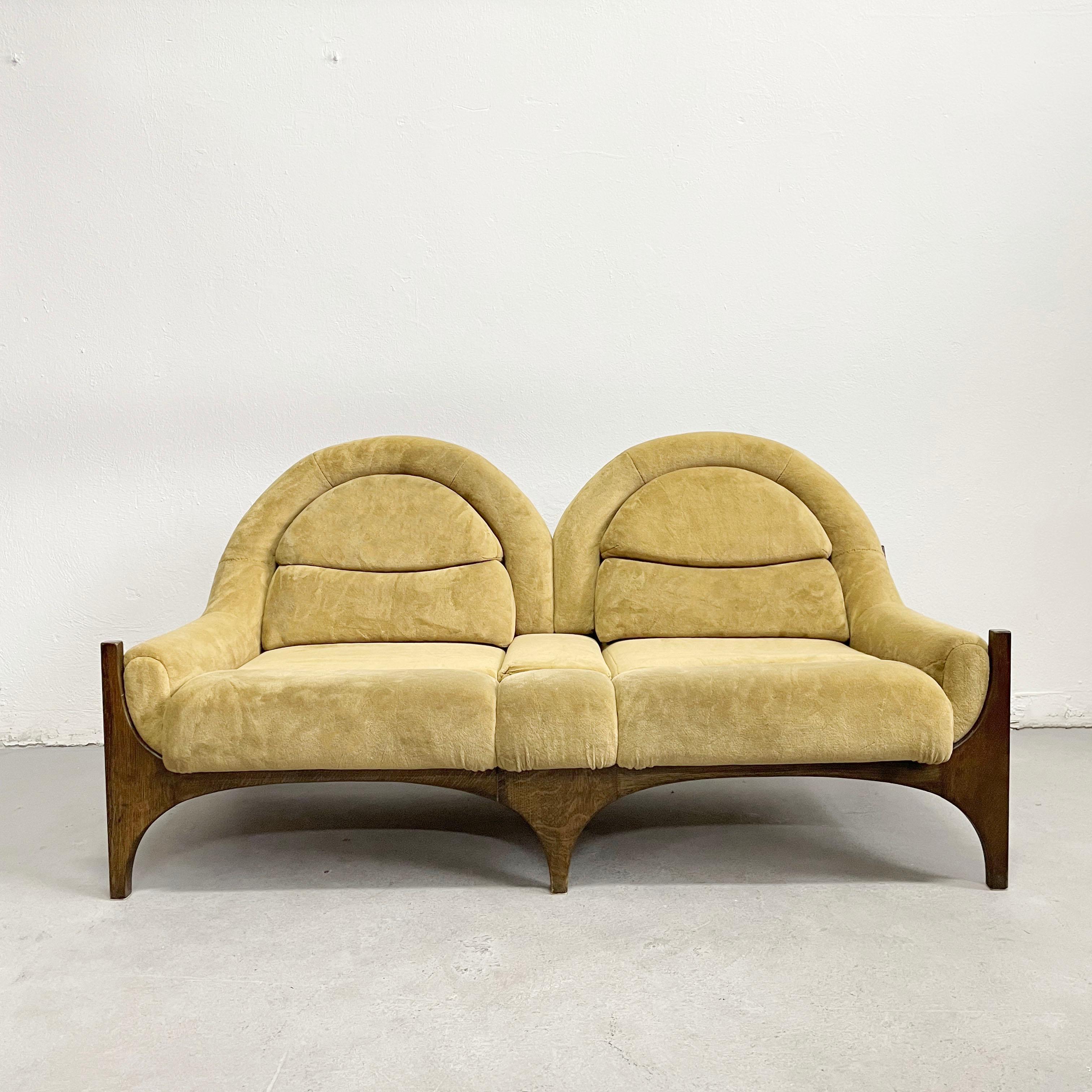 Mid-Century 2-Seat Sofa, Architectural Wooden Frame and Mustard Fabric ...