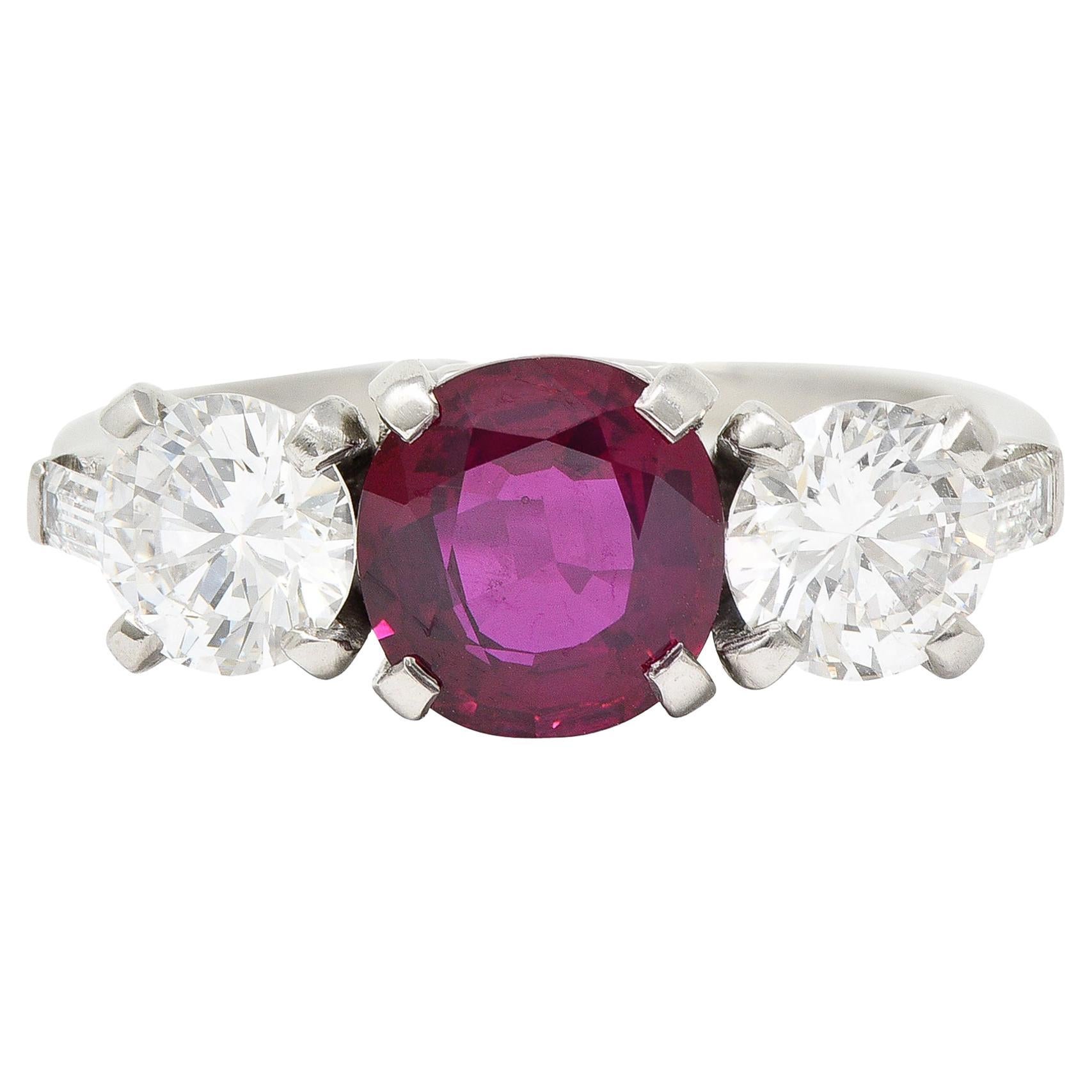 Mid-Century 2.84 CTW No Heat Ruby Diamond Platinum Vintage Three Stone ...