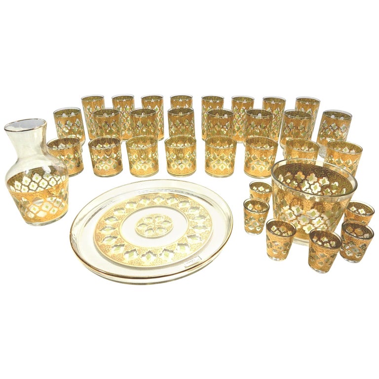 Mid Century 35 Piece Culver Valencia 22 Karat Gold Barware Glasses Set ...