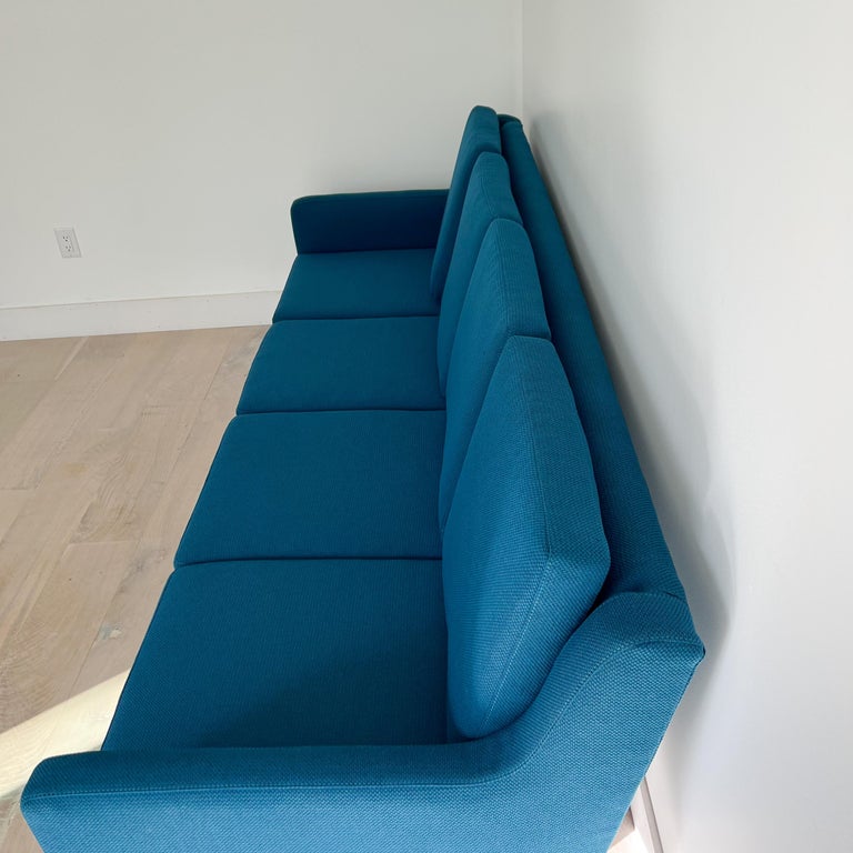 Mid Century 4 Seater Sofa w/ New Blue Tweed Upholstery, Wooden Base ...