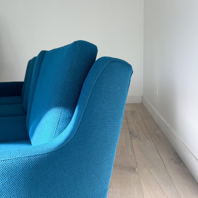 Mid Century 4 Seater Sofa w/ New Blue Tweed Upholstery, Wooden Base ...