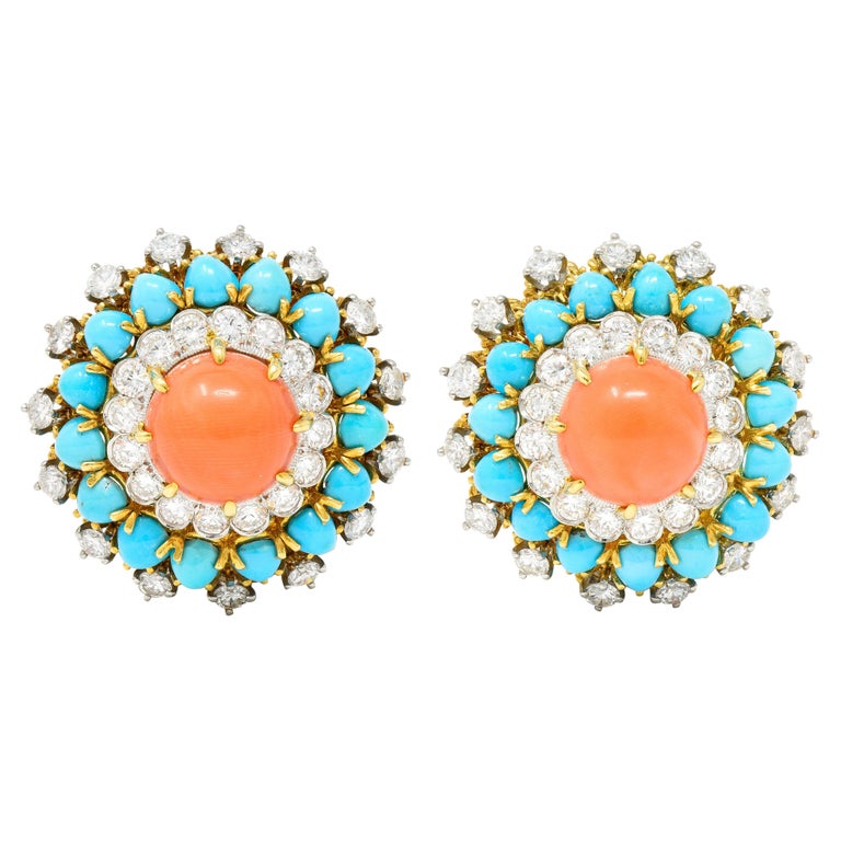 Mid-Century 5.26 Carats Diamond Coral Turquoise Platinum 18 Karat ...