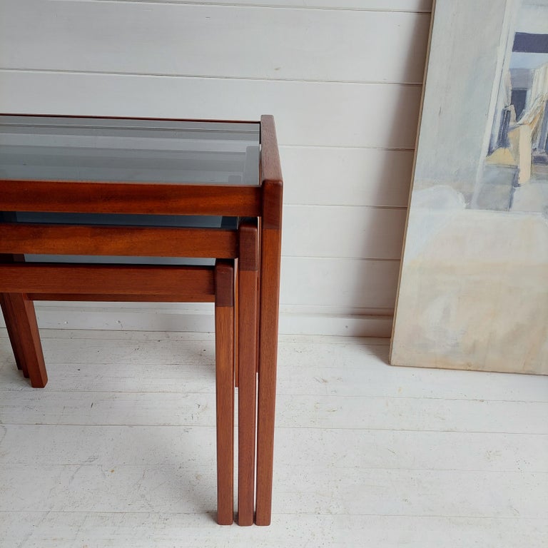 Mid Century 70s Danish Style Teak Nest Of Tables Smoked Glass For Sale ...