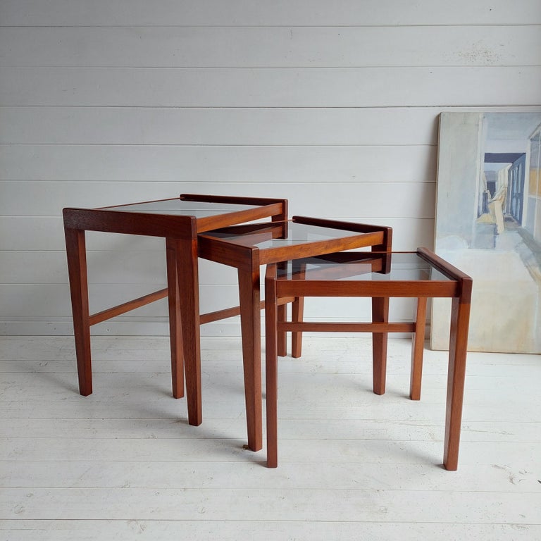 Mid Century 70s Danish Style Teak Nest Of Tables Smoked Glass For Sale ...