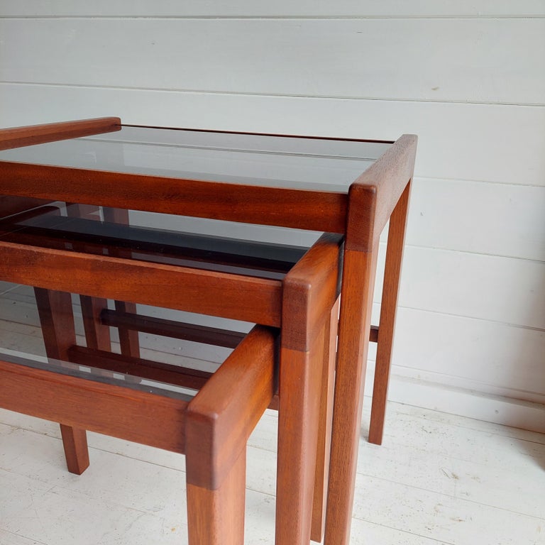Mid Century 70s Danish Style Teak Nest Of Tables Smoked Glass For Sale ...