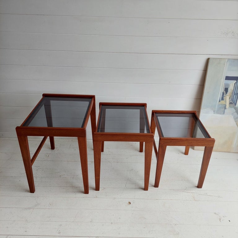 Mid Century 70s Danish Style Teak Nest Of Tables Smoked Glass For Sale ...