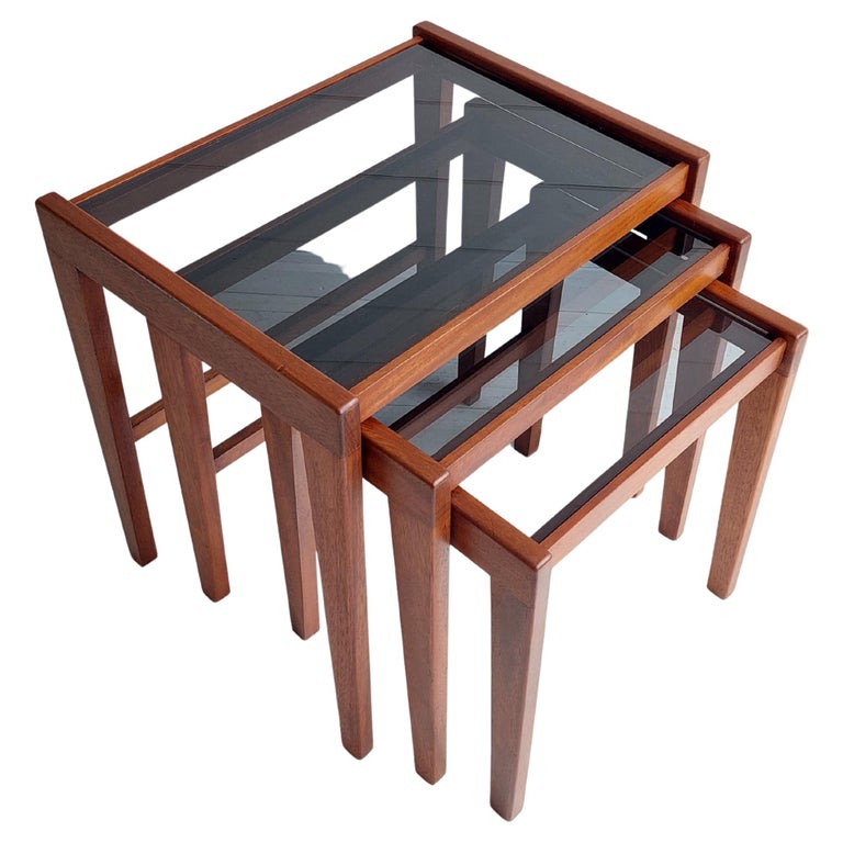 Mid Century 70s Danish Style Teak Nest Of Tables Smoked Glass For Sale ...