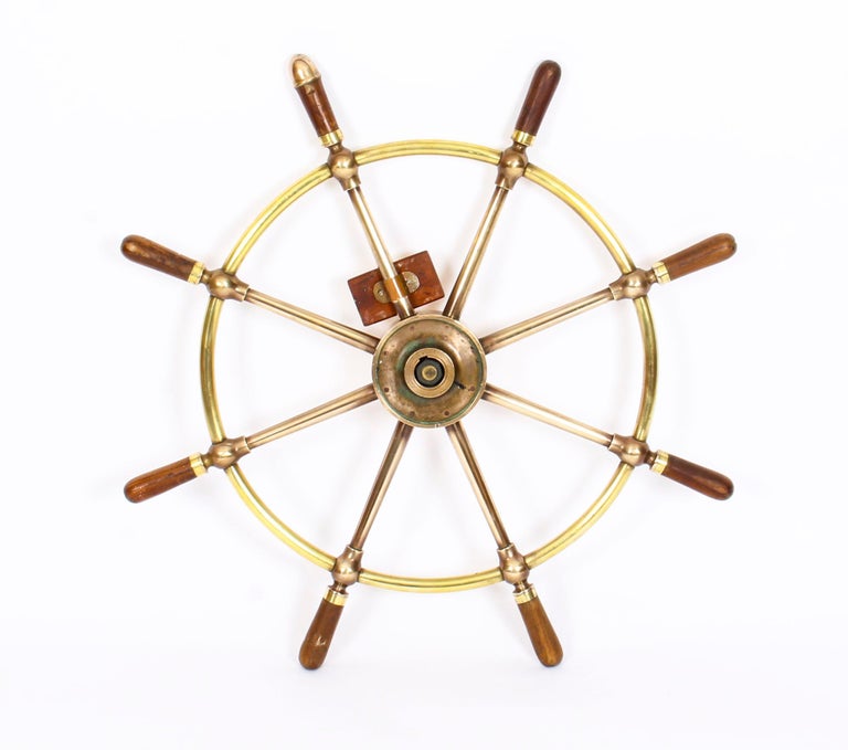 Midcentury 8-Spoke Brass and Walnut Ships Wheel HMS Whitby Brown Bros ...