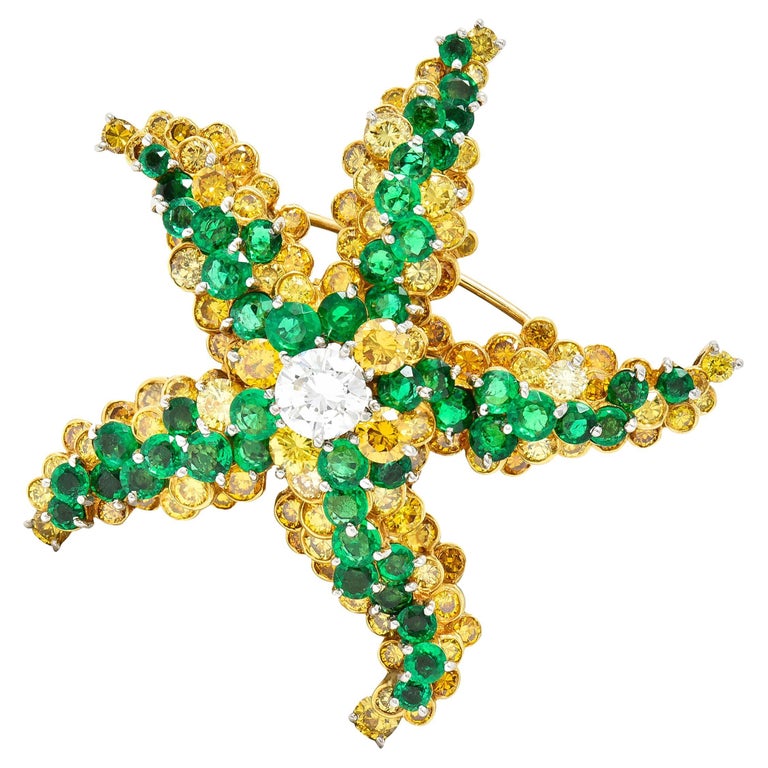Mid Century 9.62 Carat Emerald Yellow Diamond 18 Karat Gold Starfish ...