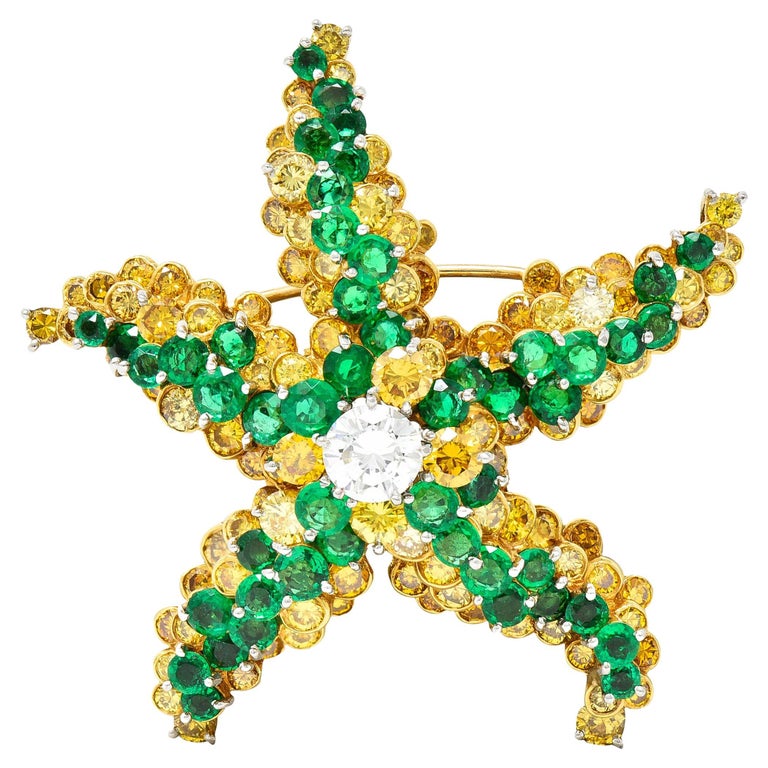 Mid Century 9.62 Carat Emerald Yellow Diamond 18 Karat Gold Starfish ...