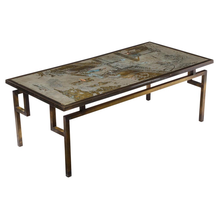Mid Century Acid Etched Bronze Rectangular Cocktail Table Signed Philip ...