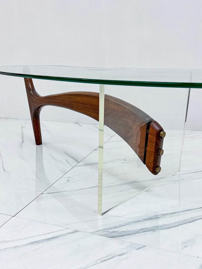 Midcentury Acrylic and Walnut Biomorphic Coffee Table Style of Vladimir ...