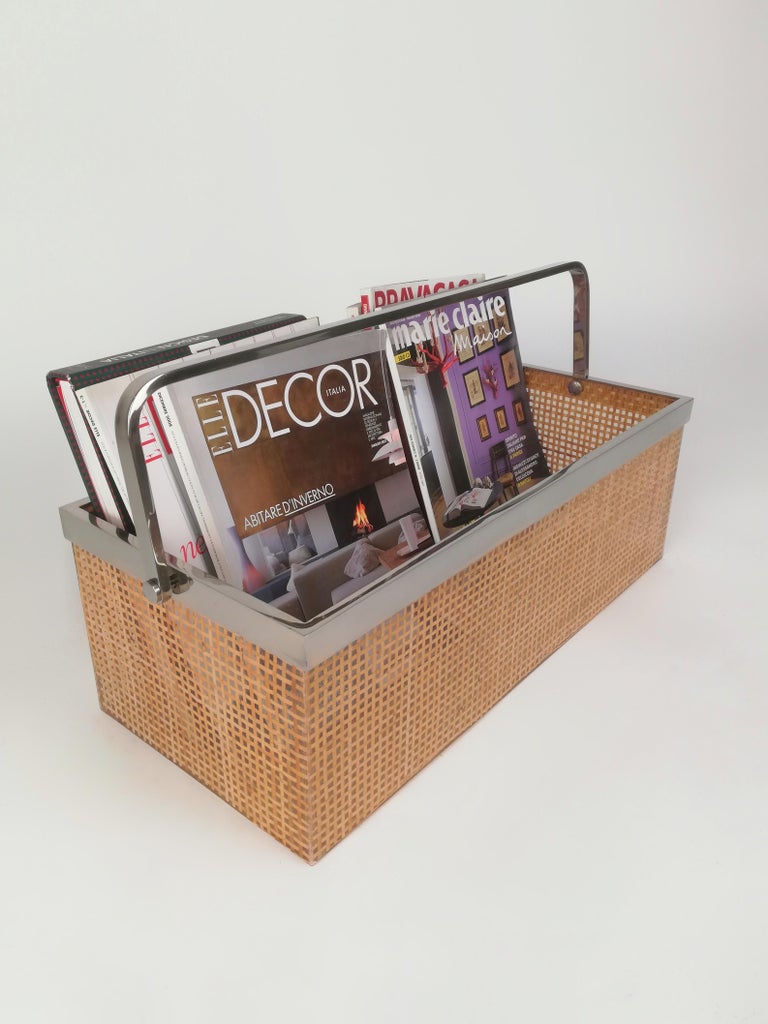 Mid-Century Acrylic, Cane Webbing, and Chrome Magazine Rack by Janetti ...