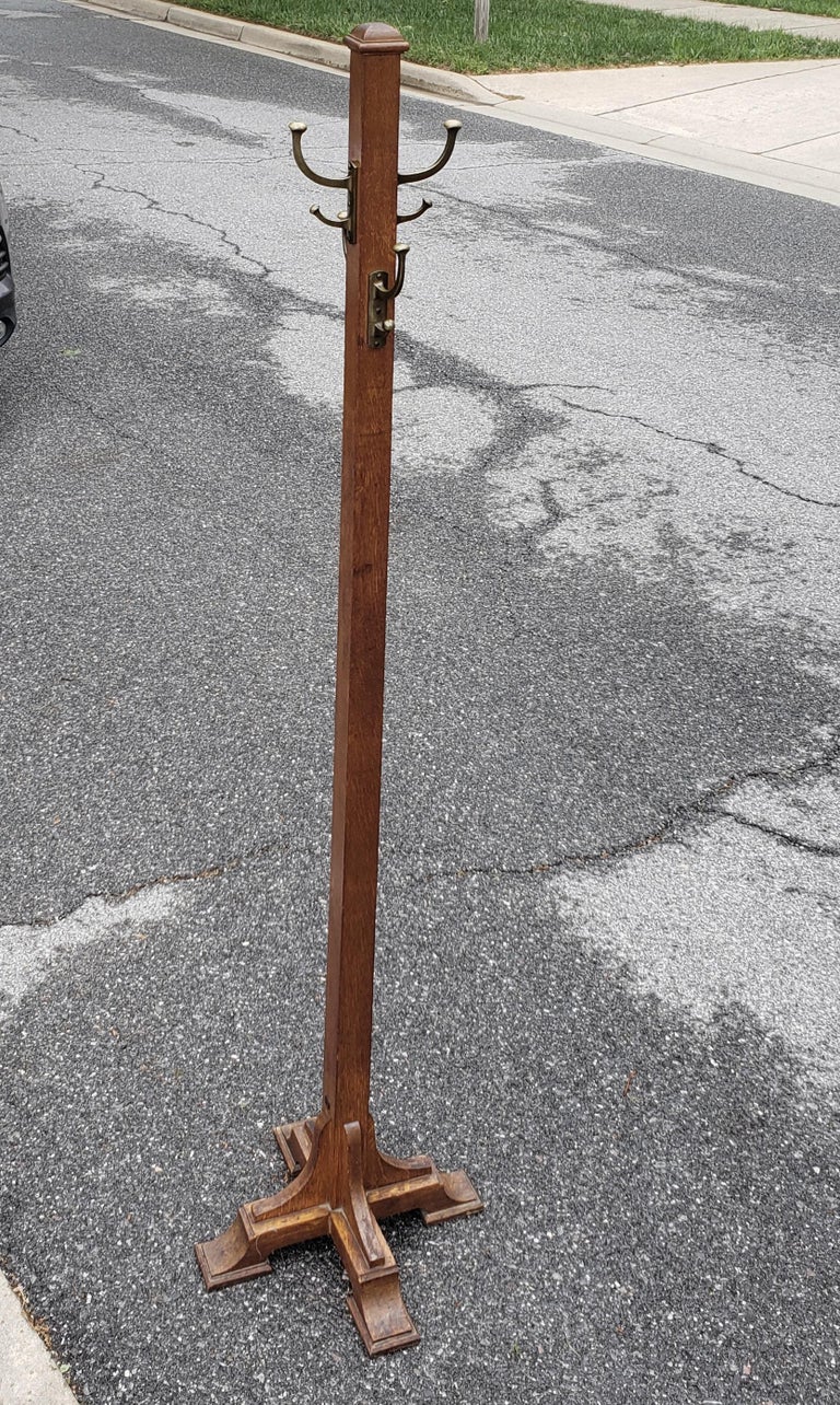 Midcentury American Colonial Oak Coats and Hats Hall Tree with Brass ...