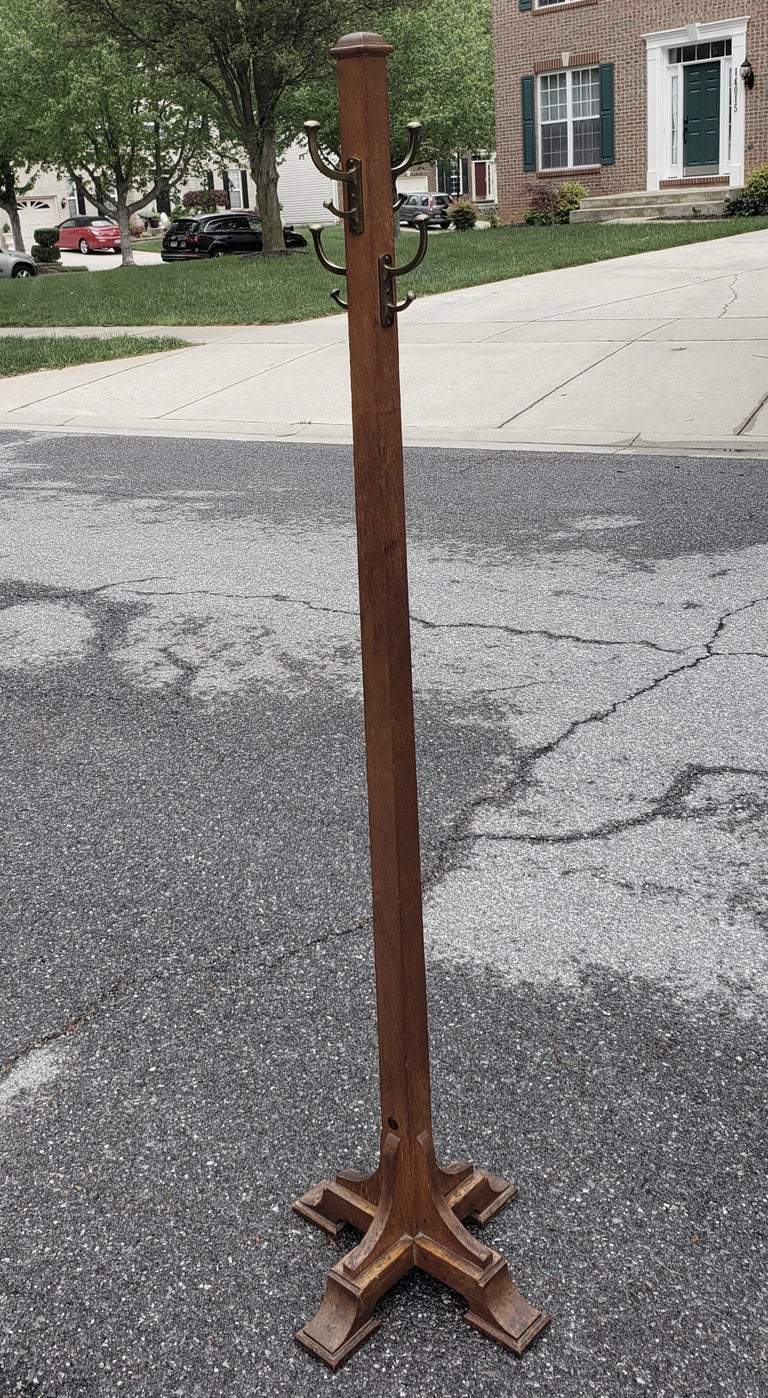 Mid-Century American Colonial Oak Coats and Hats Hall Tree with Brass ...