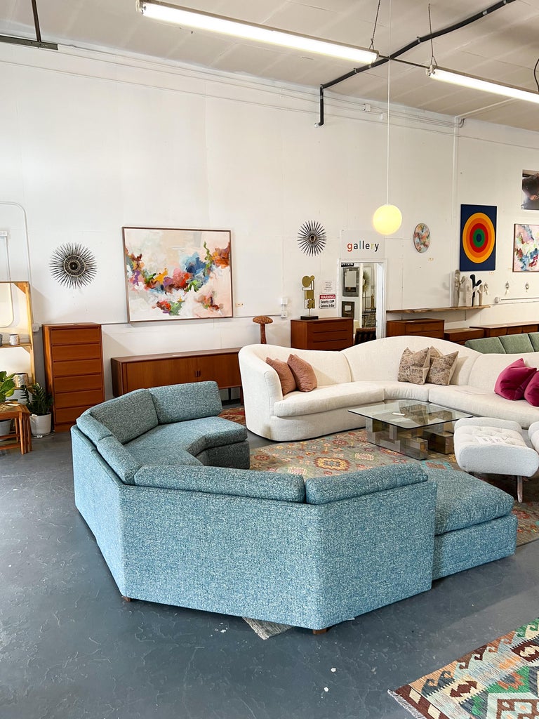Mid Century Angular Sectional Sofa with Ottoman, New Teal Upholstery at ...