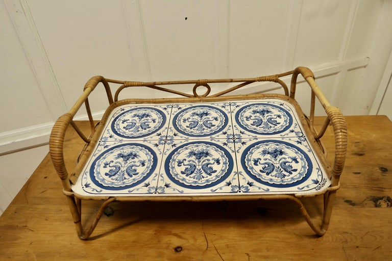 Mid-Century Bamboo and Simulated Delft Bed Tray For Sale at 1stDibs