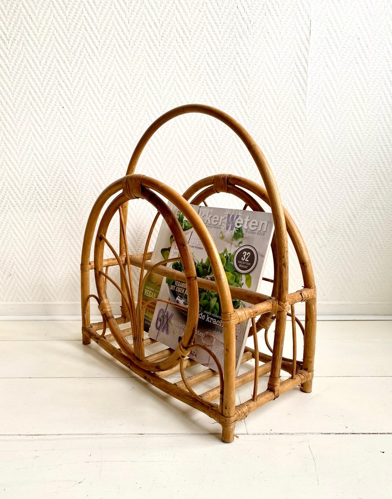 Midcentury Bamboo and Wicker Magazine Holder For Sale at 1stDibs