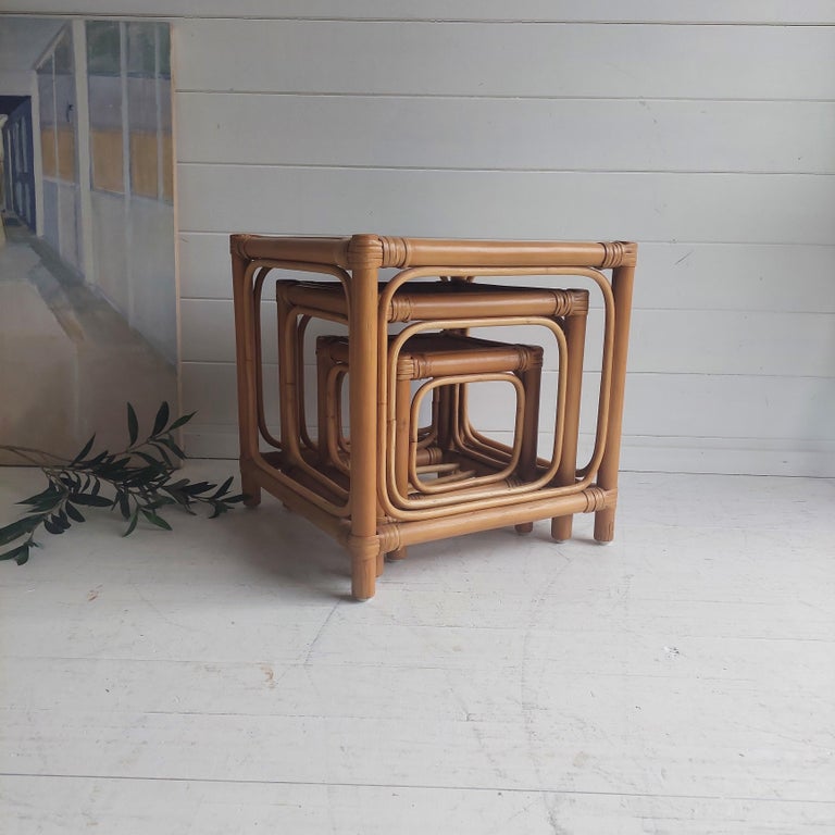 Mid Century Bamboo Cube Nest of Tables Rattan Cane, 196-70s For Sale at ...