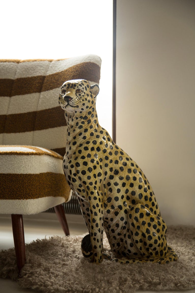 Midcentury Big Cheetah Hand Painted Terracotta Ceramic Sculpture, Italy ...