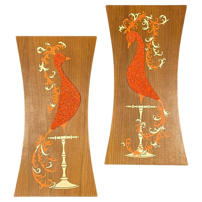 Mid-Century Bird Motif 3d Wood Wall Plaques, a Pair For Sale at 1stDibs