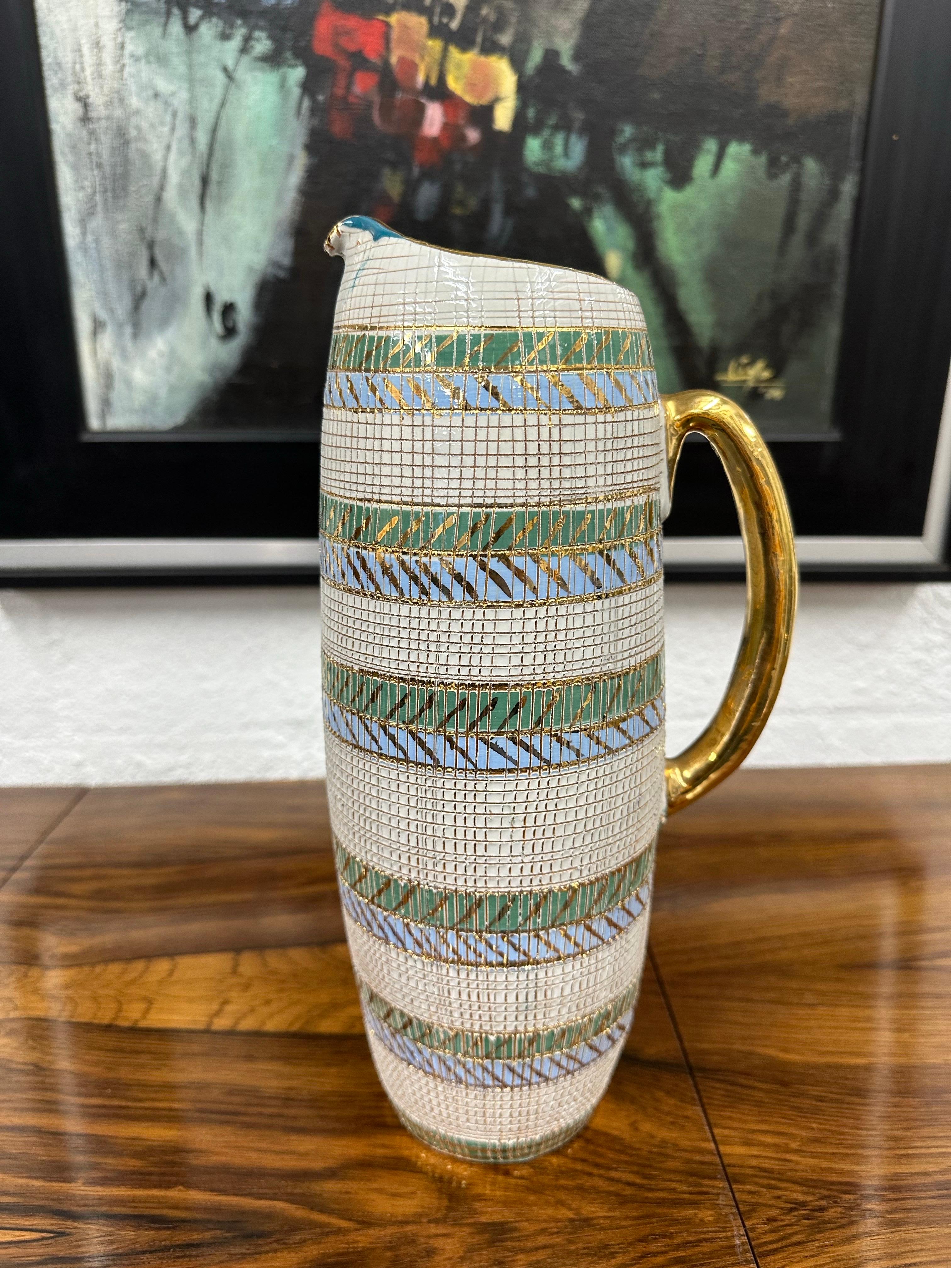 Mid Century Bitossi Seta Sgraffito Pitcher Turquoise and Gold Italian ...