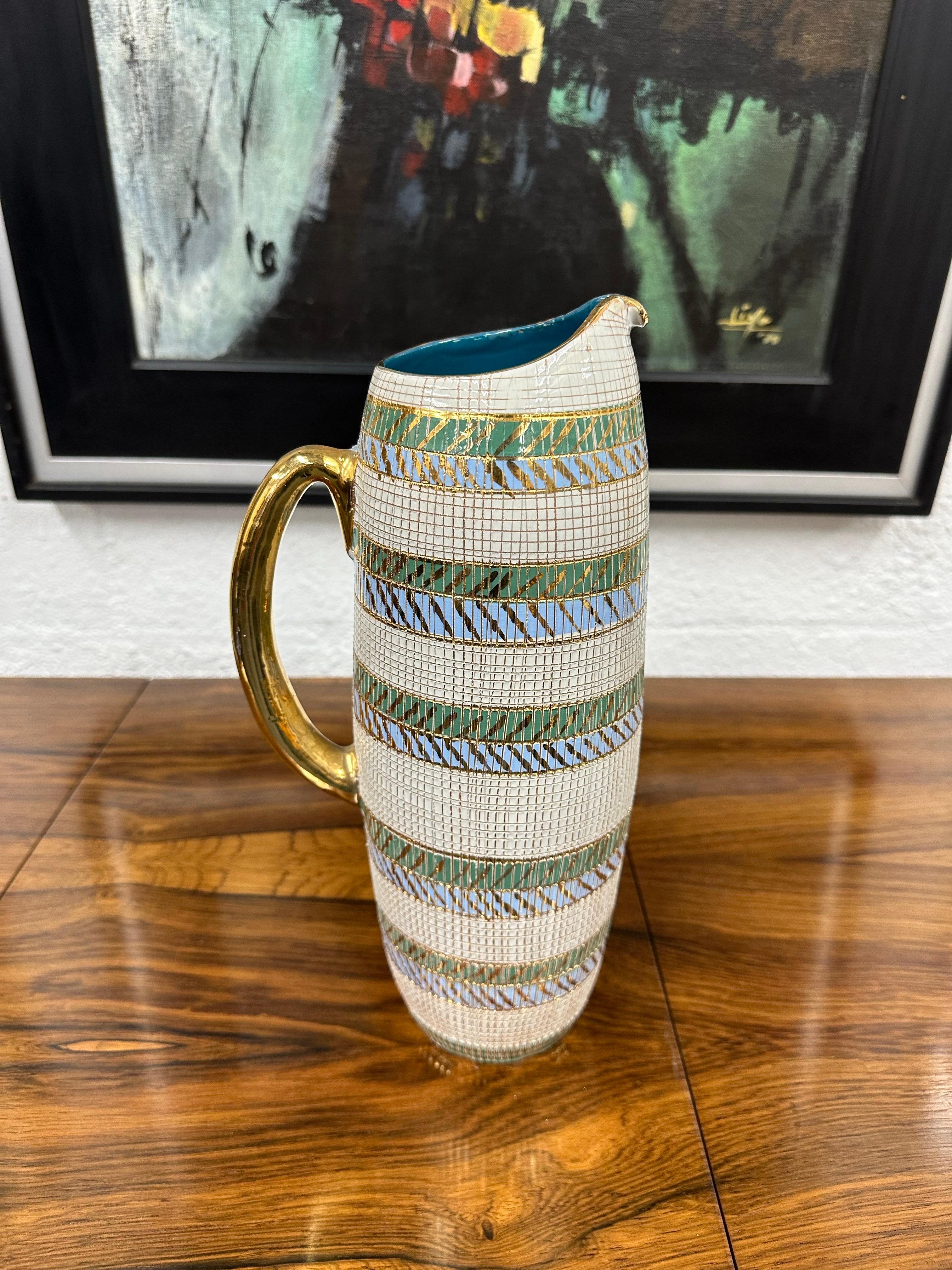 Mid Century Bitossi Seta Sgraffito Pitcher Turquoise and Gold Italian ...