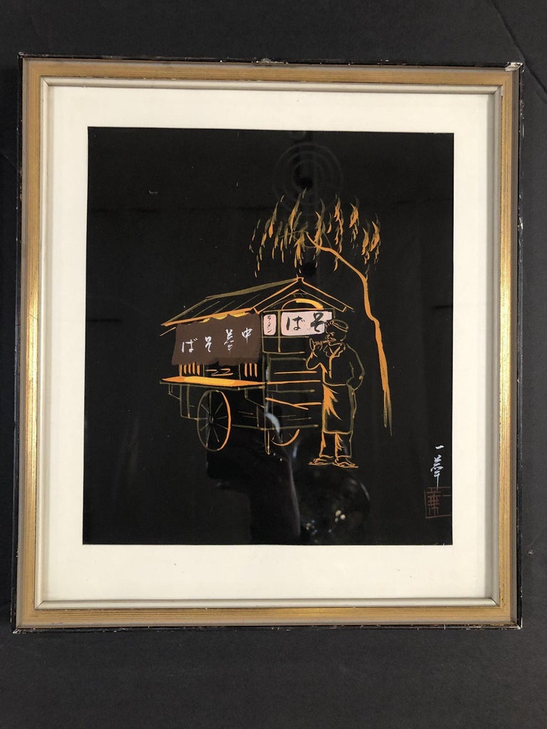 Mid Century Black and Gold Rickshaw Japanese Style Scenic Signed, Pair ...