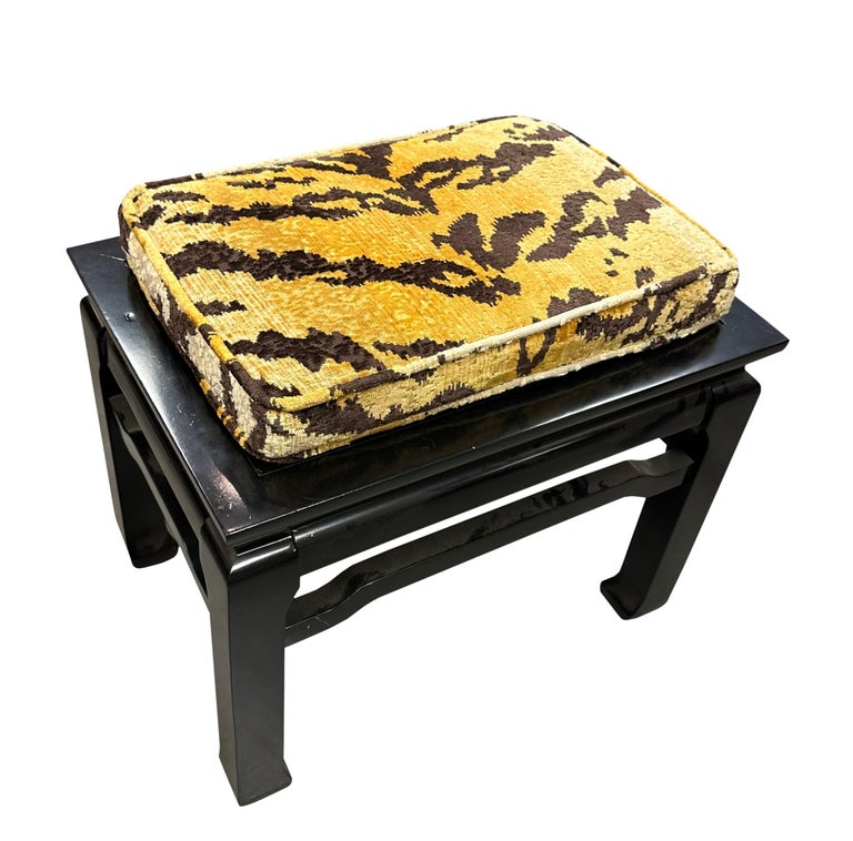 Midcentury Black Lacquer Bench with Tiger Upholstery For Sale at 1stDibs