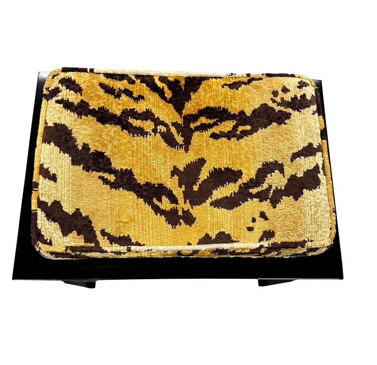 Midcentury Black Lacquer Bench with Tiger Upholstery For Sale at 1stDibs
