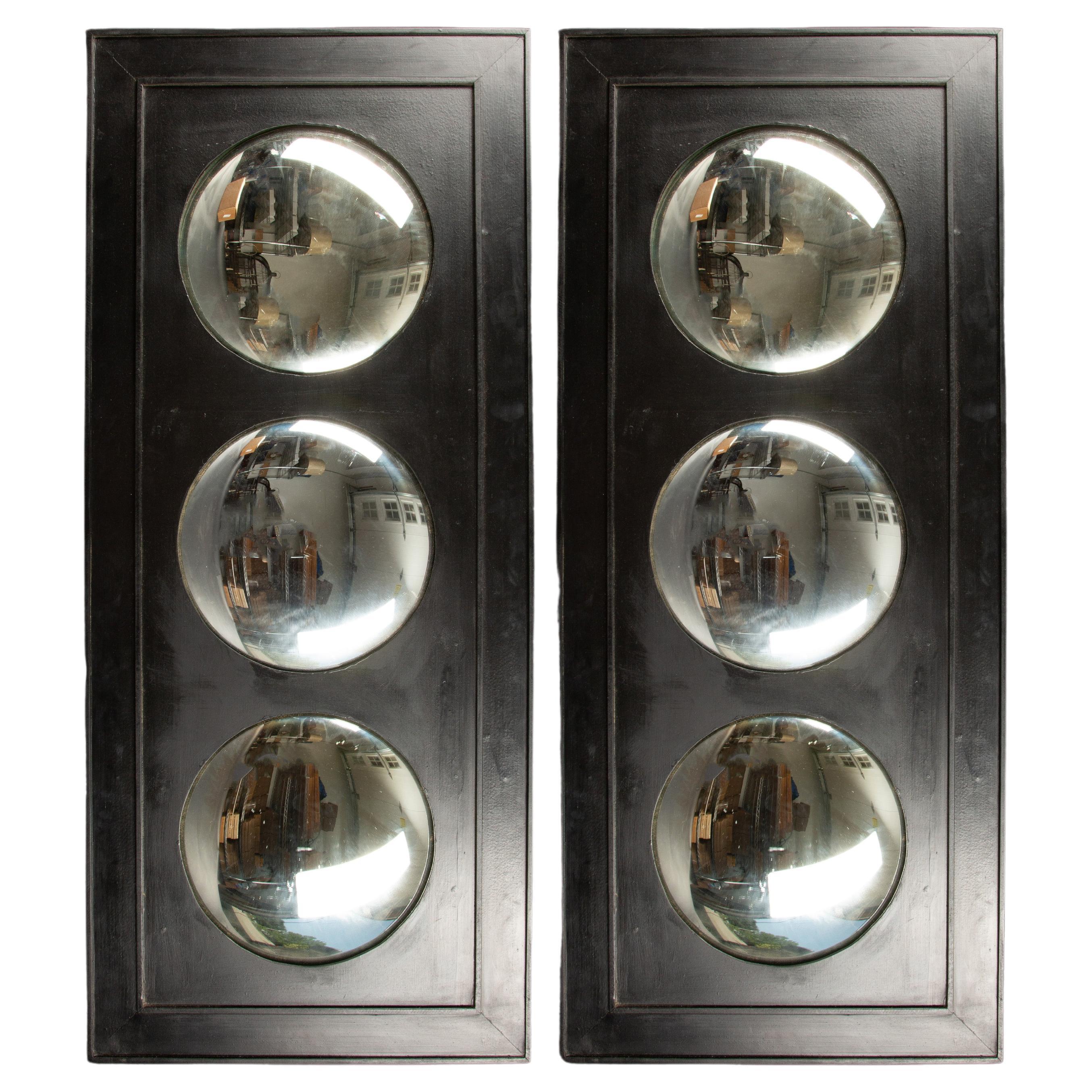 Mid- Century Black Wood Panels with Convex Mirrors - Elegant ...