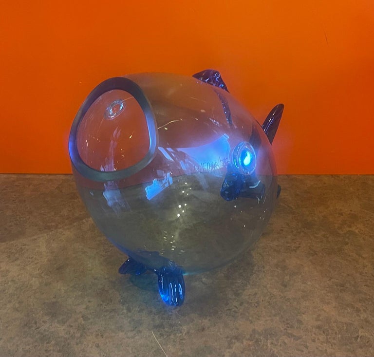 Mid-Century Blue Glass Fish Vase in the Style of Blenko Glass For Sale ...