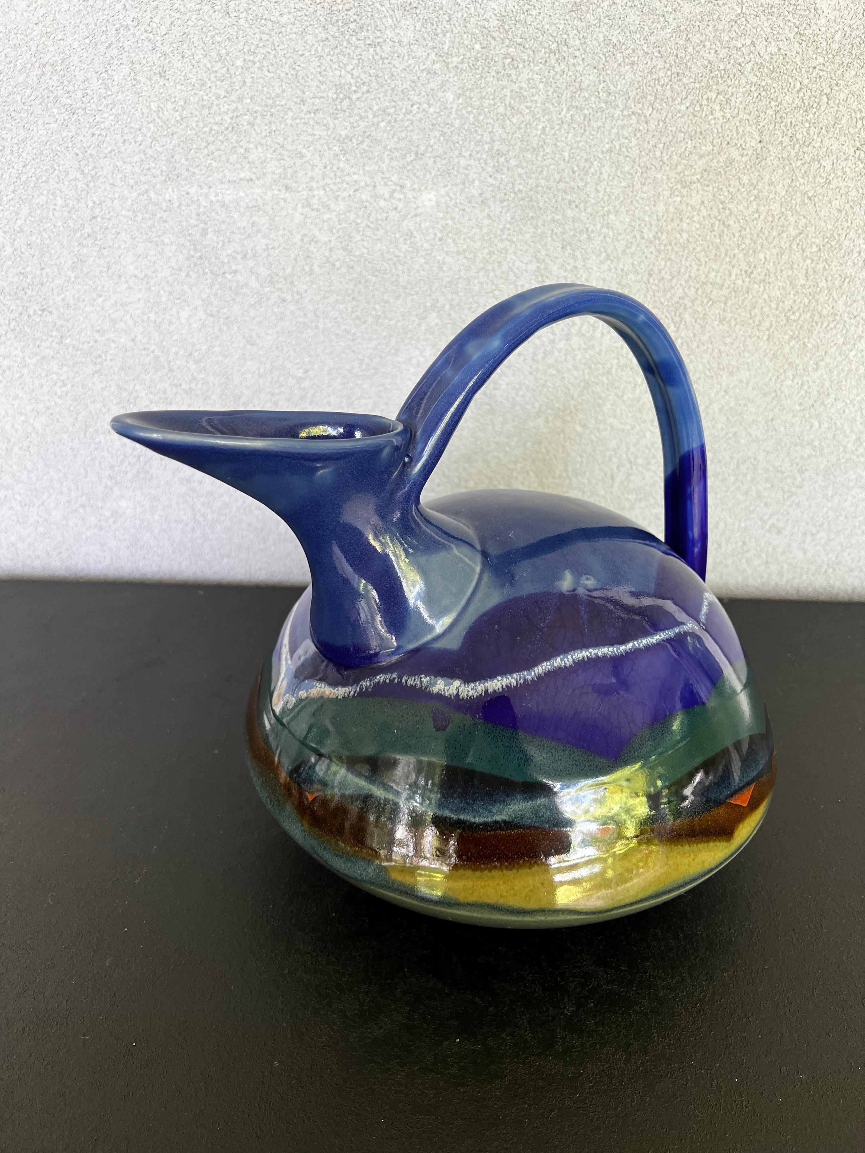 Mid-Century Blue Glazed Pottery Pitcher by Bonnema For Sale at 1stDibs