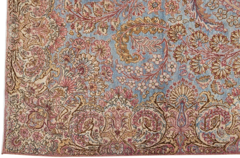 Mid Century Blue Handmade Persian Kirman Wool Rug With Allover Floral ...