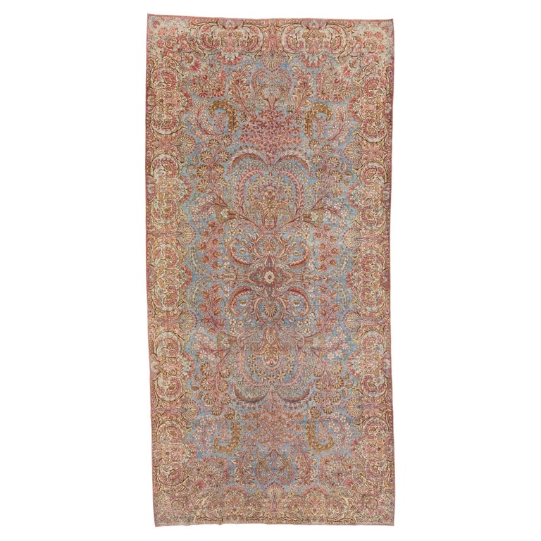 Mid Century Blue Handmade Persian Kirman Wool Rug With Allover Floral ...