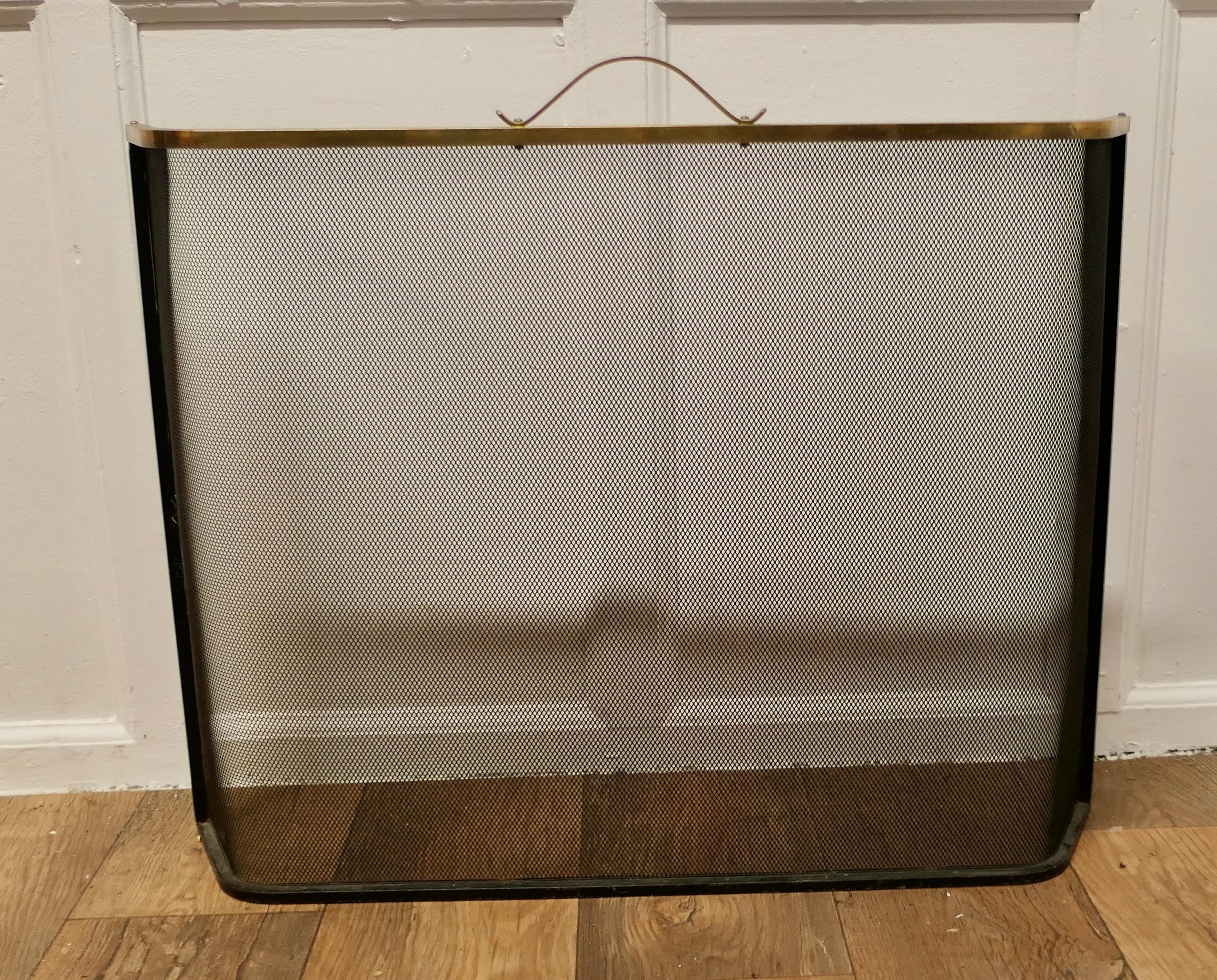 Mid Century Brass and Iron Fire Guard The iron guard has a mesh infill ...