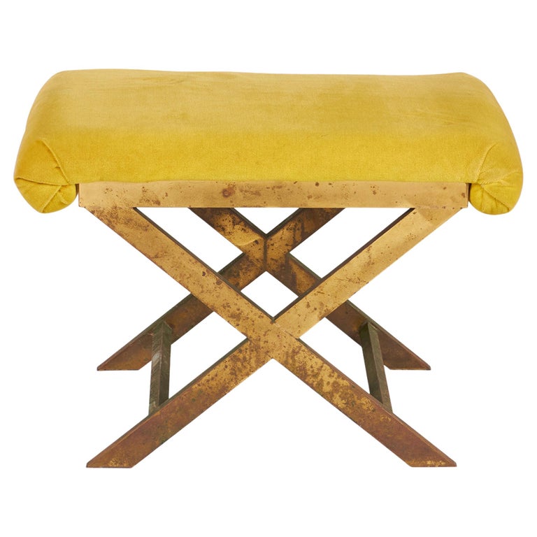 Mid-Century Brass and Saffron Yellow Velour Upholstered X-Bench For ...