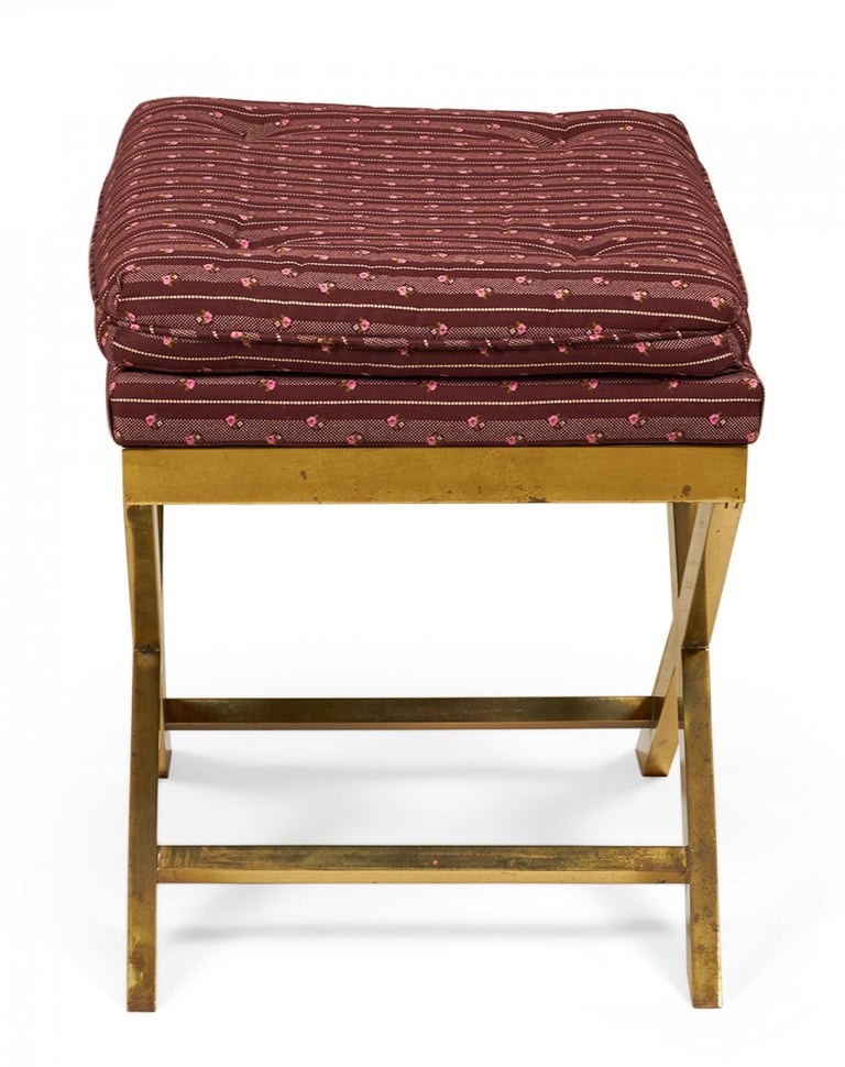 Mid-Century Brass and Striped Maroon Upholstered X-Bench For Sale at ...