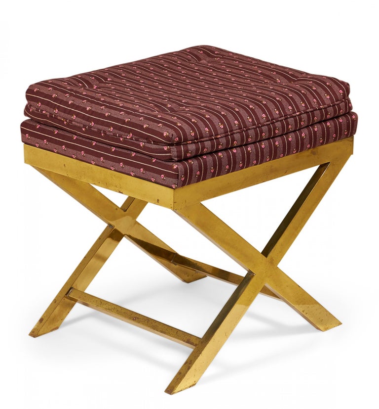 Mid-Century Brass and Striped Maroon Upholstered X-Bench For Sale at ...