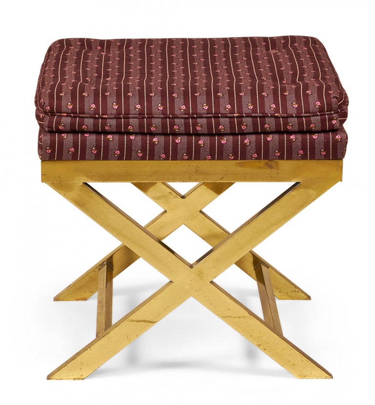 Mid-Century Brass and Striped Maroon Upholstered X-Bench For Sale at ...