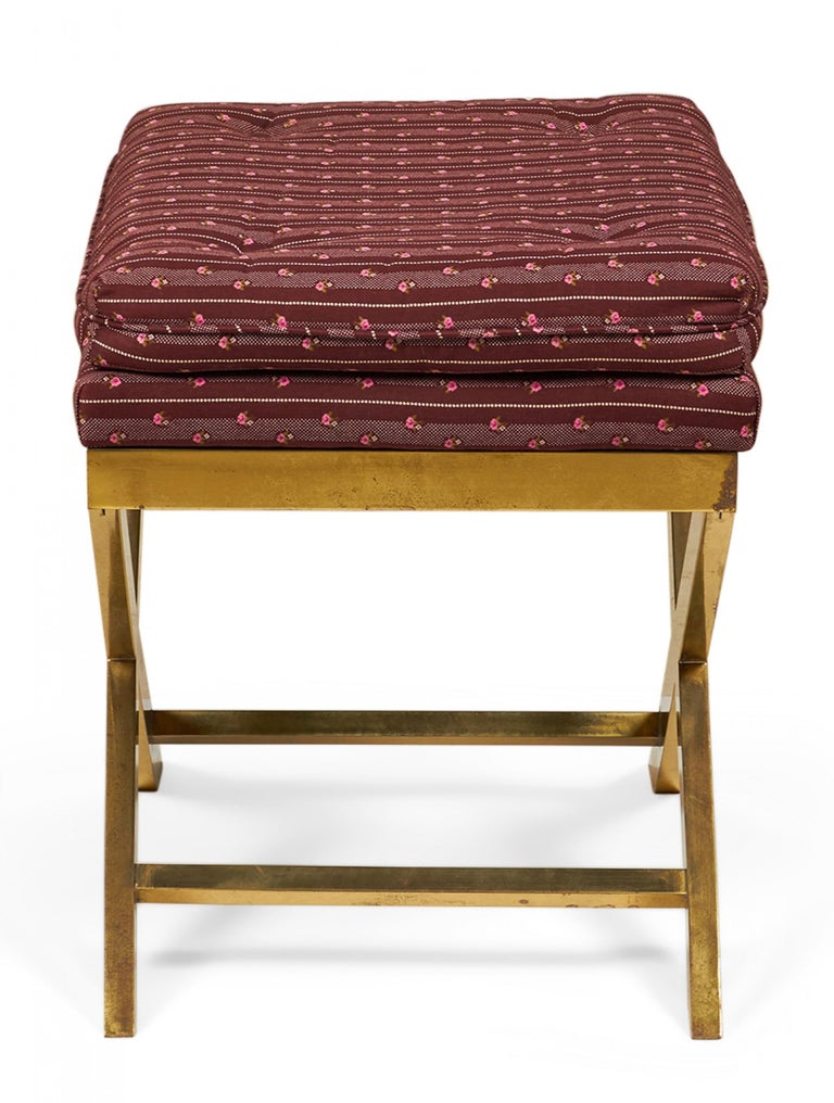 Mid-Century Brass and Striped Maroon Upholstered X-Bench For Sale at ...