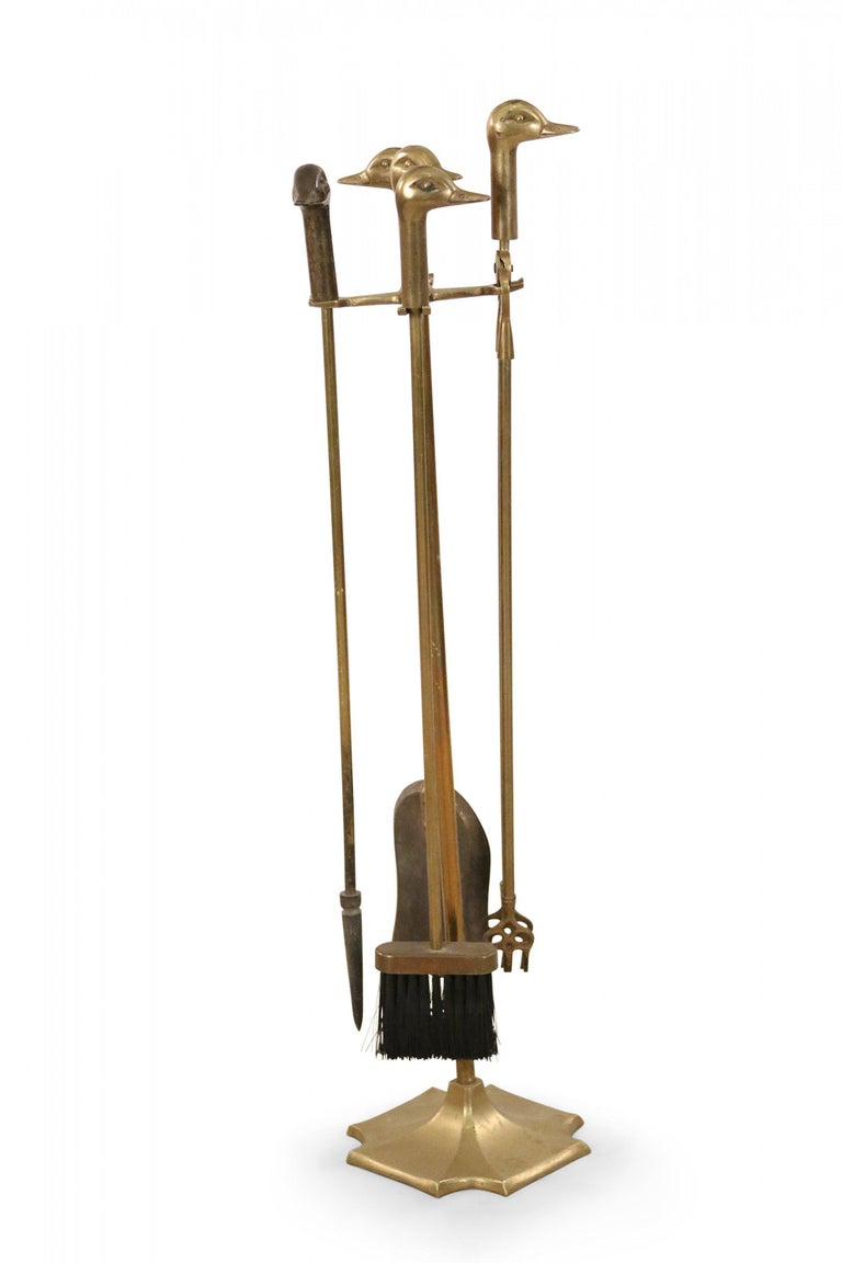 Mid-Century Brass Duck Head Handled Set of Fire Tools at 1stDibs