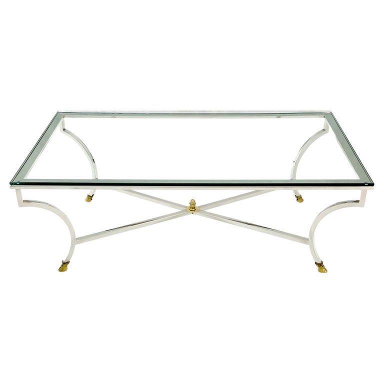 Mid Century Brass Hoof Feet Chrome Base Glass Top Rectangle Coffee ...