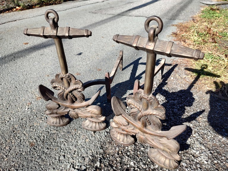 Mid Century Brass Nautical Style Anchor Andirons with Dolphins For Sale ...