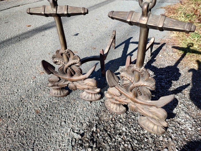 Mid Century Brass Nautical Style Anchor Andirons with Dolphins For Sale ...