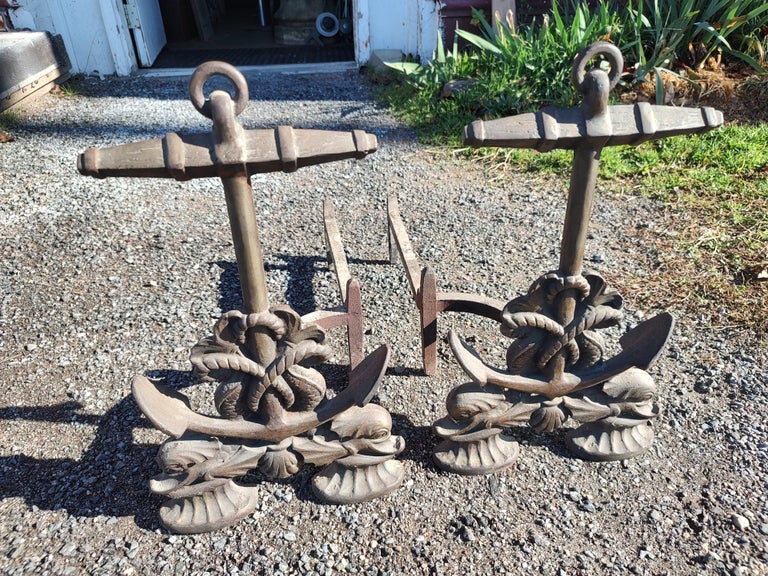 Mid Century Brass Nautical Style Andirons Anchors with Dolphins For ...